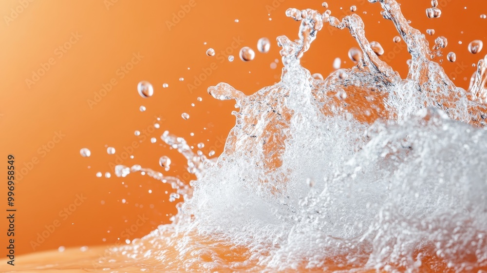 An energetic burst of water splash captured against an orange ...