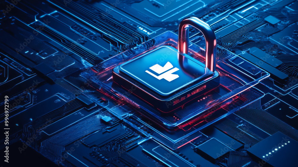 Digital Padlock Symbol On Futuristic Microchip Circuit Board Background