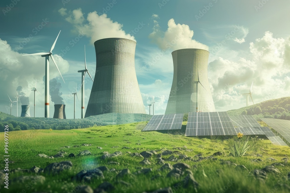 Combination of wind turbines, solar panels, and nuclear power plant ...