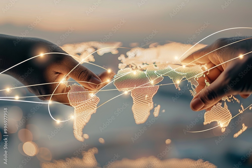 Hand interacting with a global network map, representing digital ...