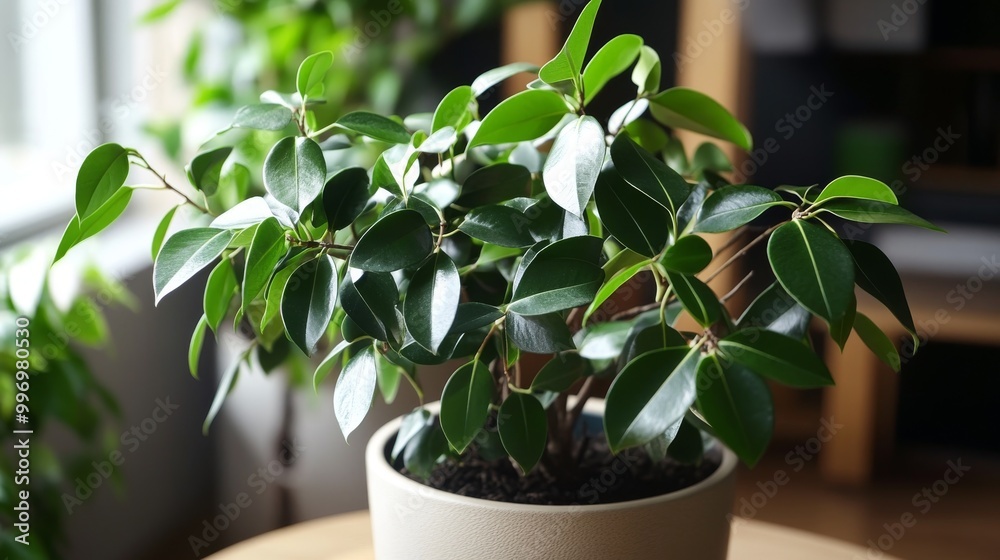 The leafy branches of a ficus Benjamin plant fill a round pot. This ...