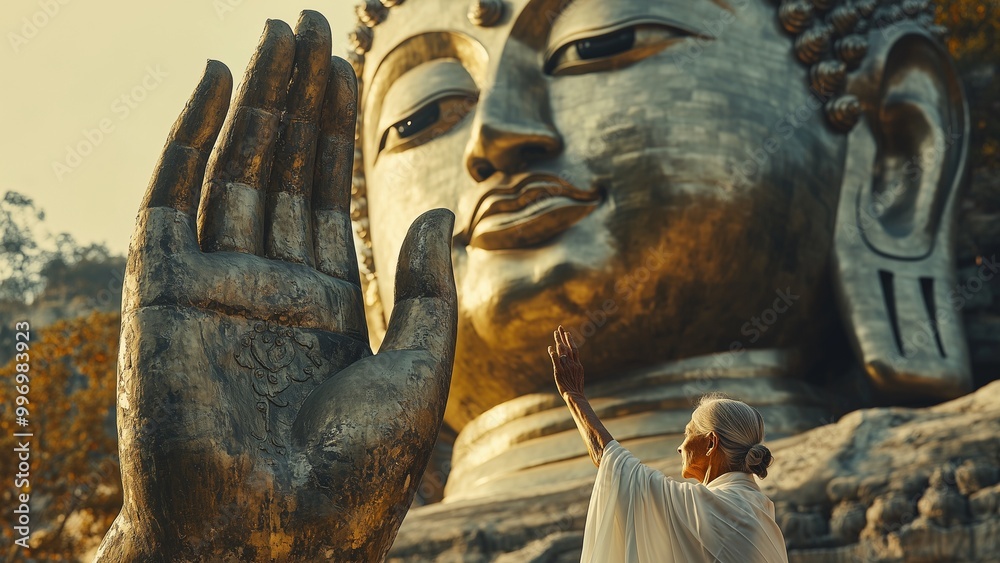 A large Buddha statue's hand in a blessing pose, with an old woman in ...
