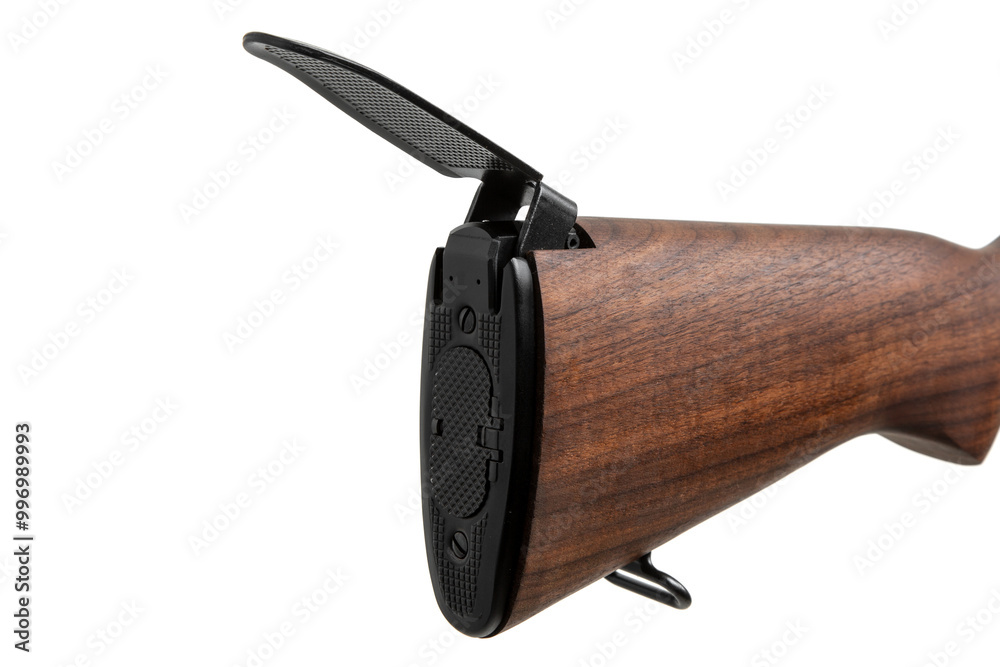 Classic semi-automatic rifle with a wooden stock and black metal parts ...