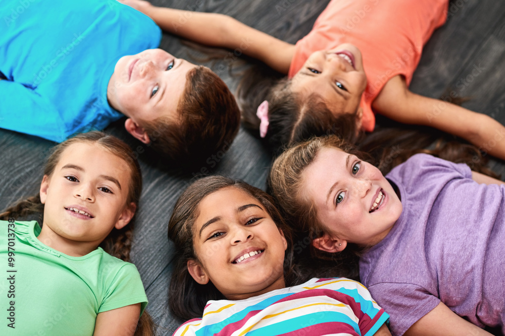 Above, happy and portrait of kids on floor for playing, friendship and ...