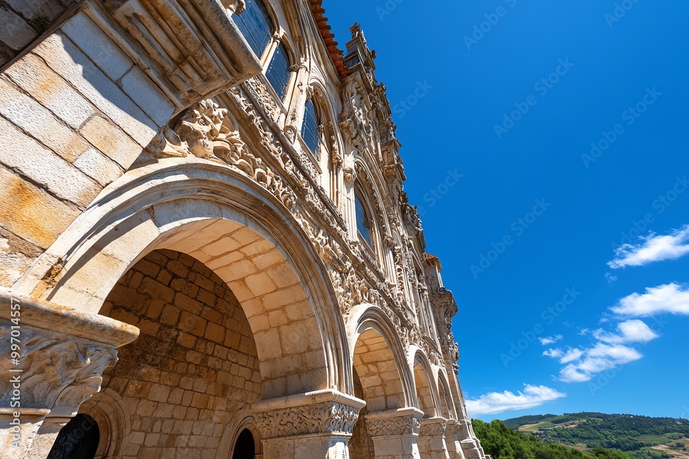 Cistercian architecture of AlcobaÃ§a Monastery, with the stone faÃ§ade ...