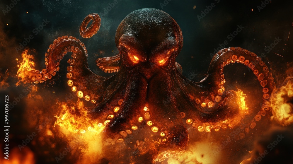 Scary monster octopus with flaming tentacles and eyes, legendary kraken ...