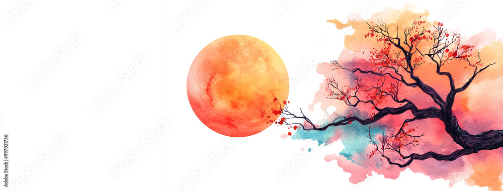 Watercolor silhouette of tree, sunset red moon and bats on white ...