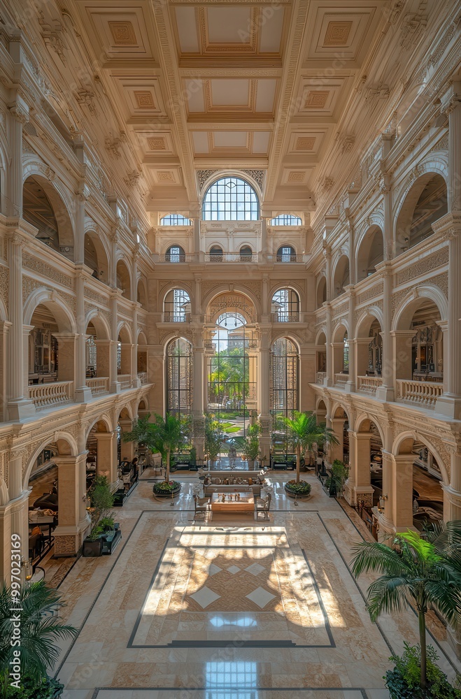 Elegant five-story hotel lobby with open floor plan and serene garden ...