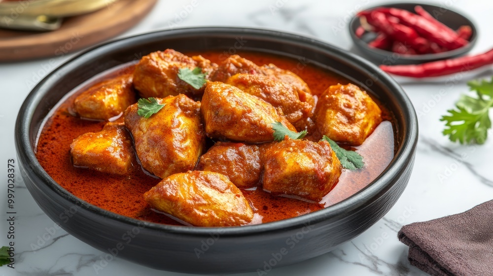 Karen fish curry on a sleek marble countertop, bursting with fresh ...