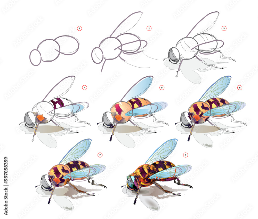 How to learn to draw sketch of a bee. Creation step by step watercolor ...