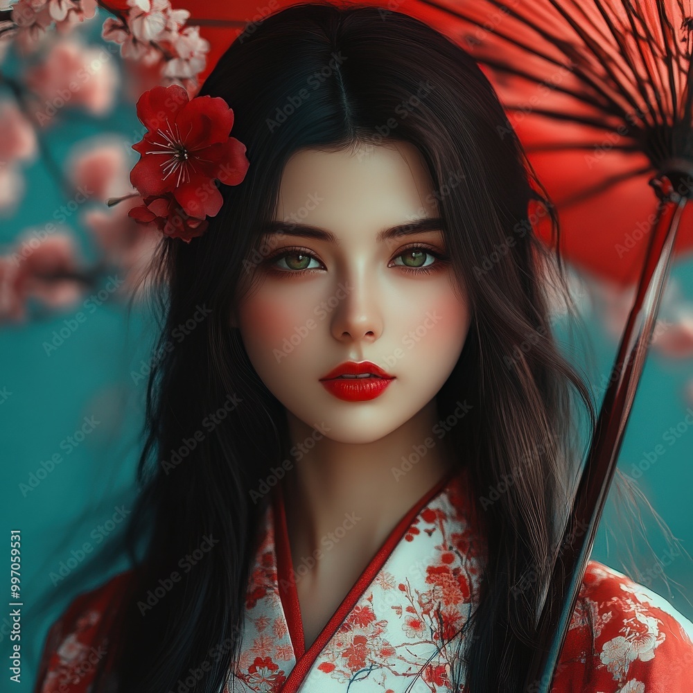 Hyper-realistic portrait of a modern geisha with porcelain skin and ...