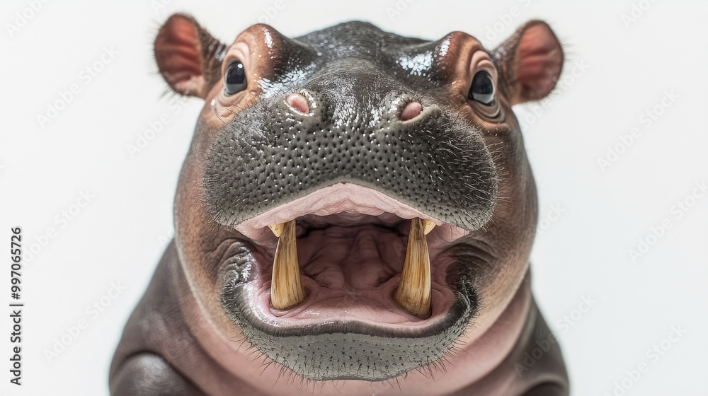 Baby hippo with an exaggerated angry snarl, wrinkled forehead, and tiny ...