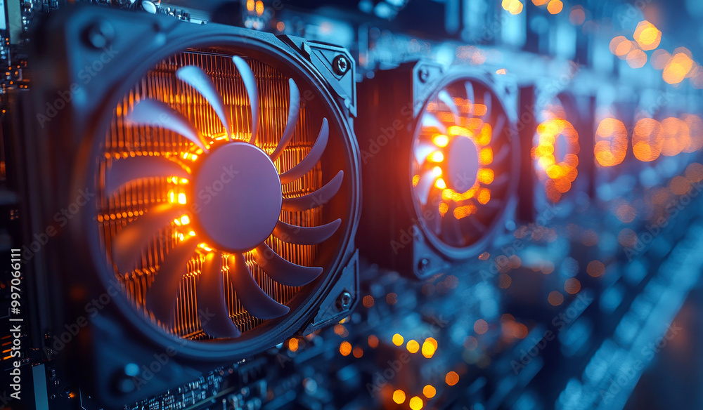 A row of computer fans are lit up in a blue background. The fans are ...
