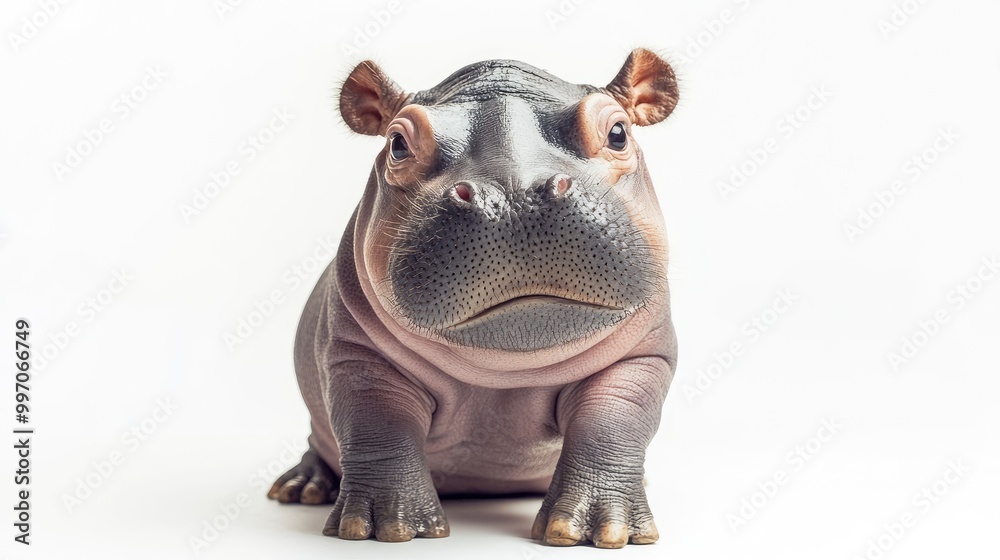 Grumpy baby hippo stomping its little feet with ears pulled back ...