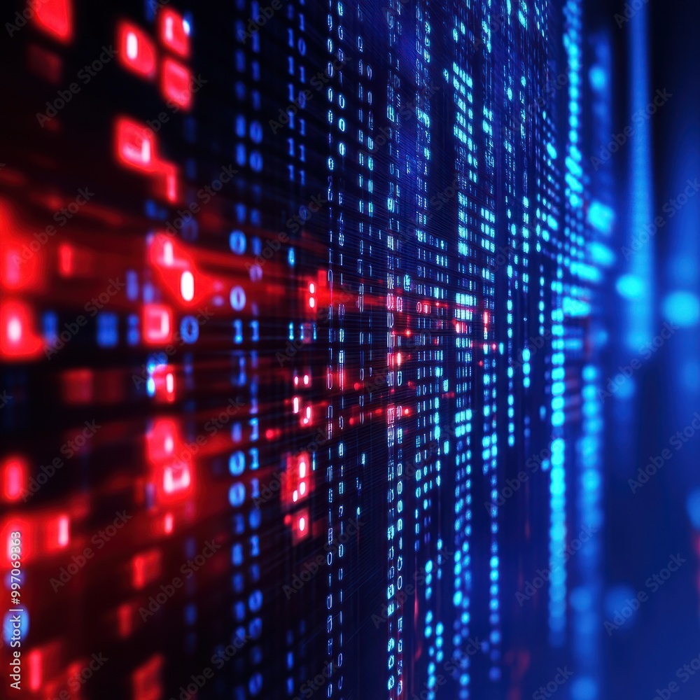 digital binary data on computer screen background. binary code background . abstract blue red ...