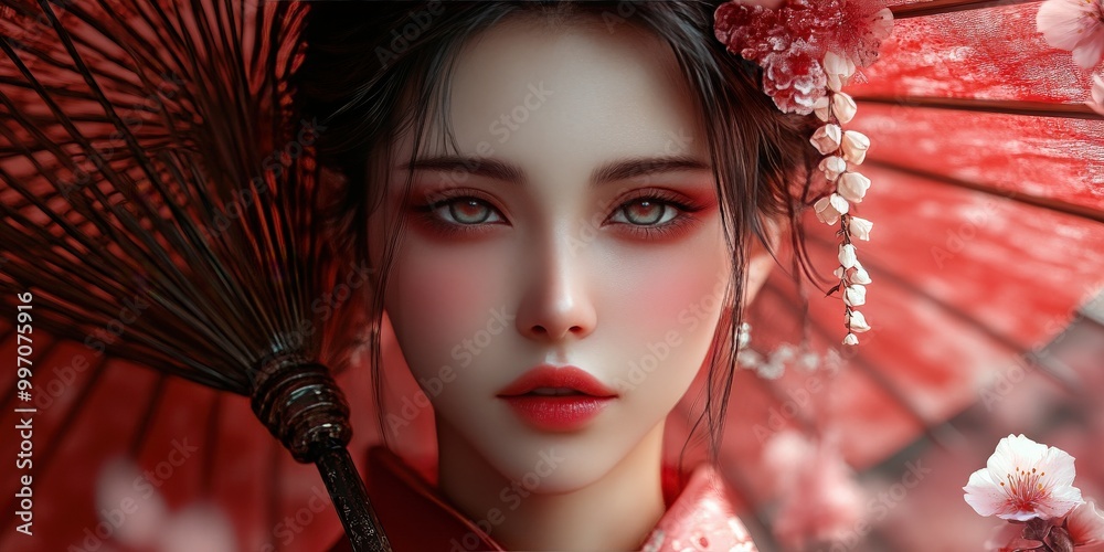 Hyper-realistic portrait of a modern geisha with porcelain skin and ...