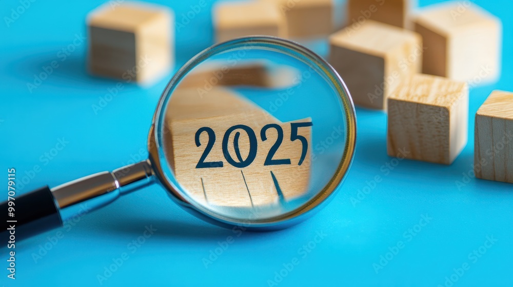 New Year's Goal Plan 2025 with target icons. Magnifying glass with text ...