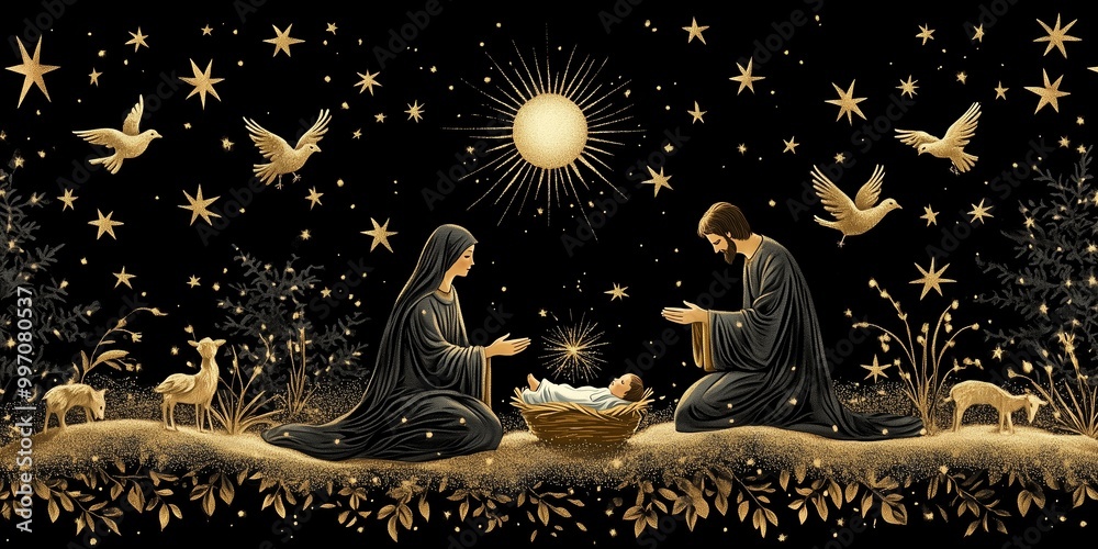 A beautifully illustrated nativity scene featuring Mary and Joseph ...