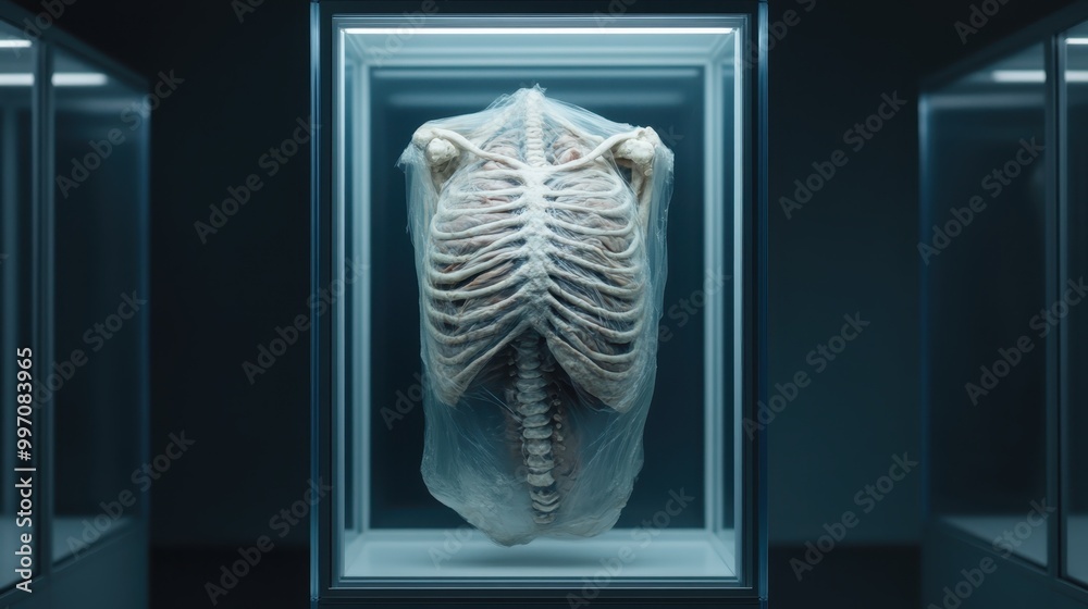 An artistic portrayal of a fossilized alien ribcage set within an ...