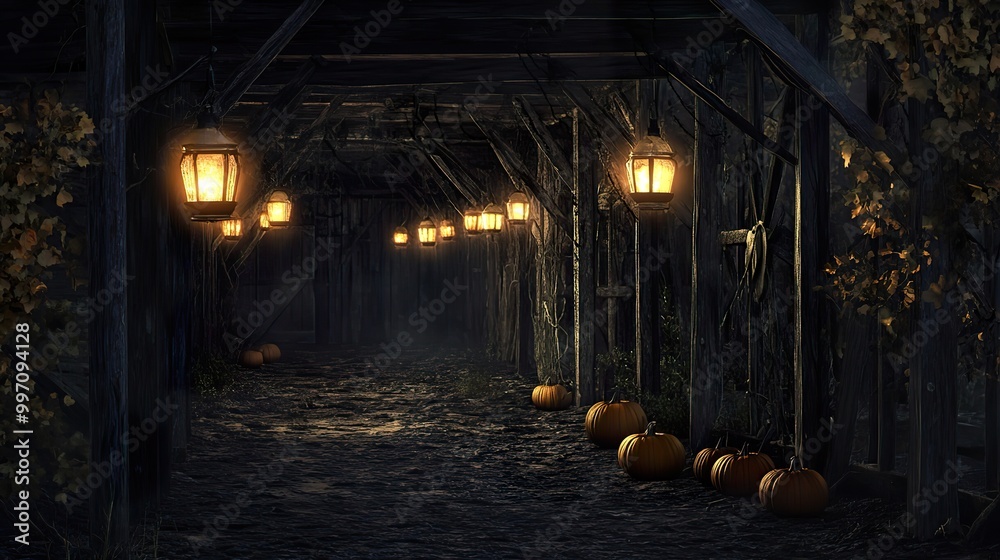 An eerie barnyard at night, with pumpkins lit by lanterns hanging from ...