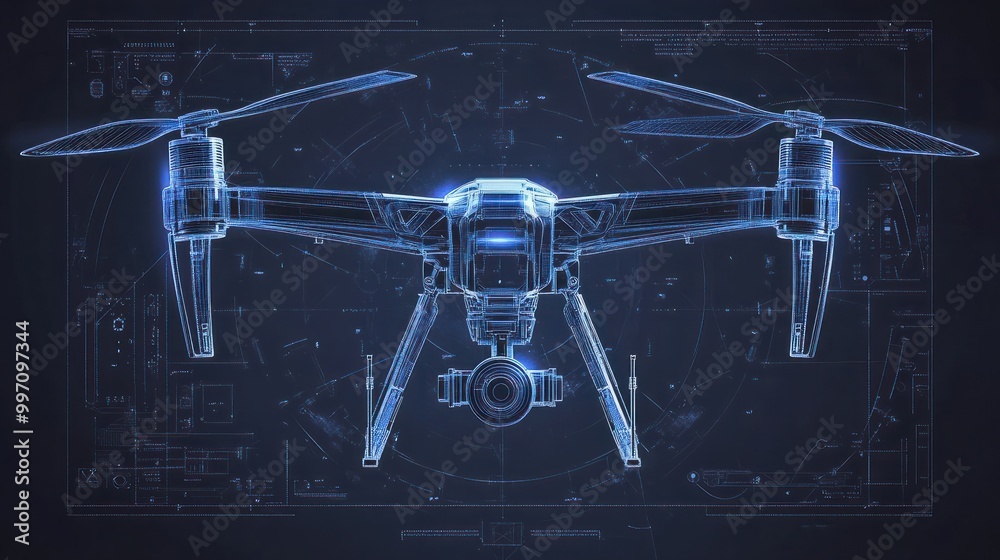 Futuristic drone blueprint illustration showcasing detailed engineering ...