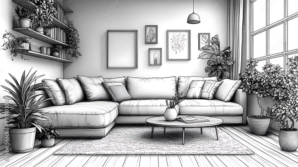 Line interior home art room design illustration outline sketch ...