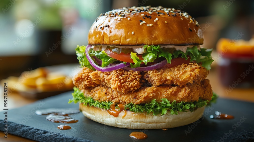Indulge in our mouthwatering double chicken burger, featuring crispy ...
