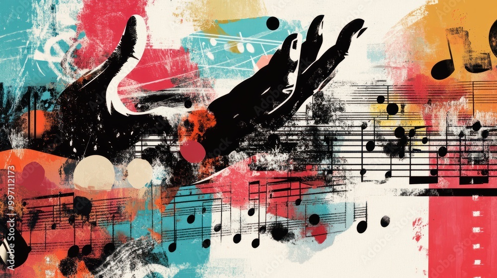Modern collage featuring hands holding music notes and grunge banner ...