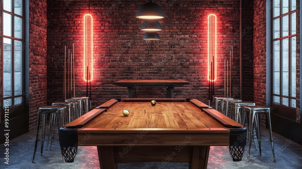 Modern industrial-themed game room with a wood billiard table, steel ...