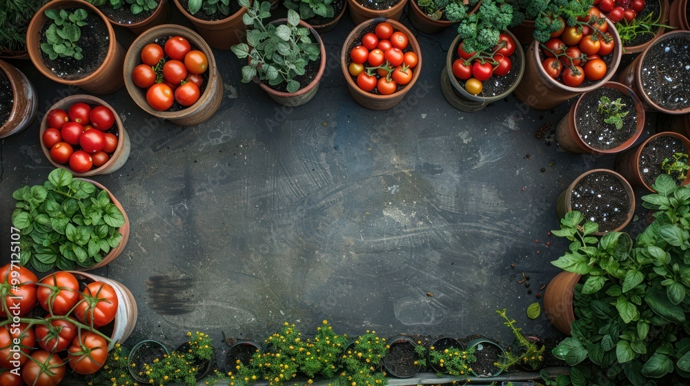 garden with heirloom tomato plants in pots, lush greens, and ripening ...