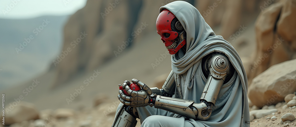 Image is a high-resolution, stylized photograph featuring a humanoid ...