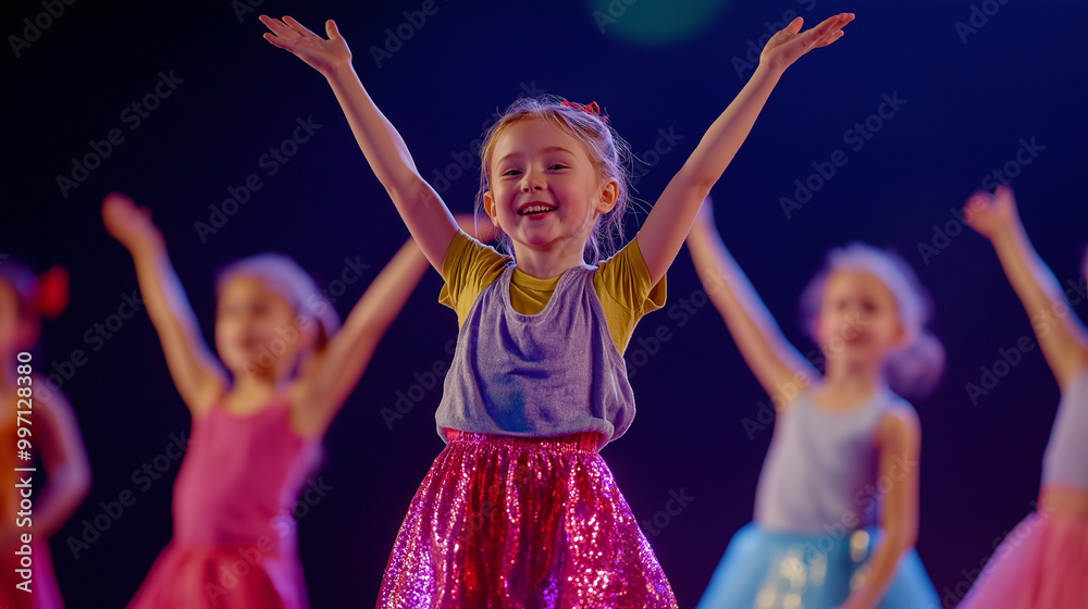 Energetic group of children performing on stage, with a girl in the ...