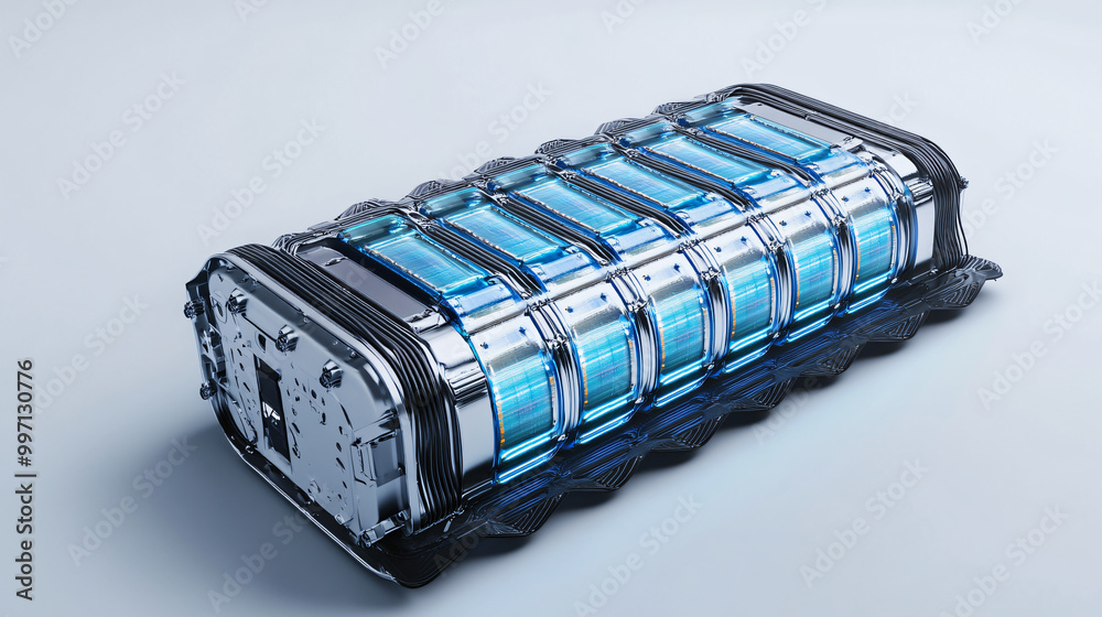 An EV battery module with cylindrical cells, depicted in a realistic ...