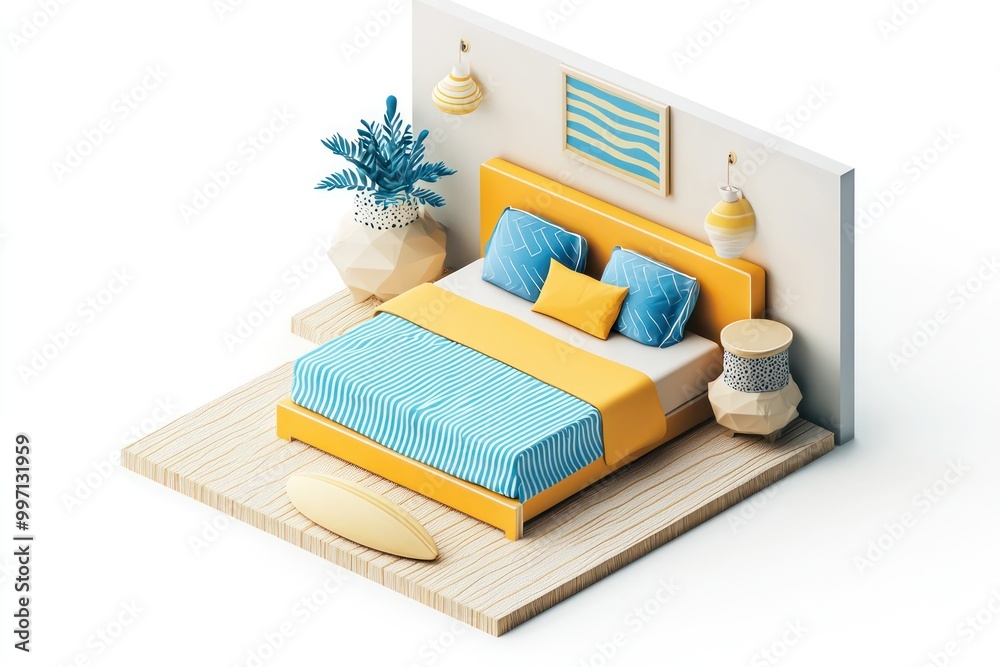 Beach-themed guest room with a daybed, illustrated in a top-down ...