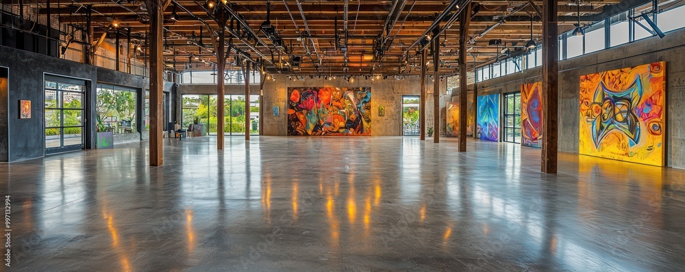 An industrial event space with polished concrete floors, large wooden ...