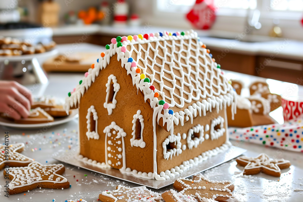 Festive holiday baking scene with a family gathered around a kitchen ...