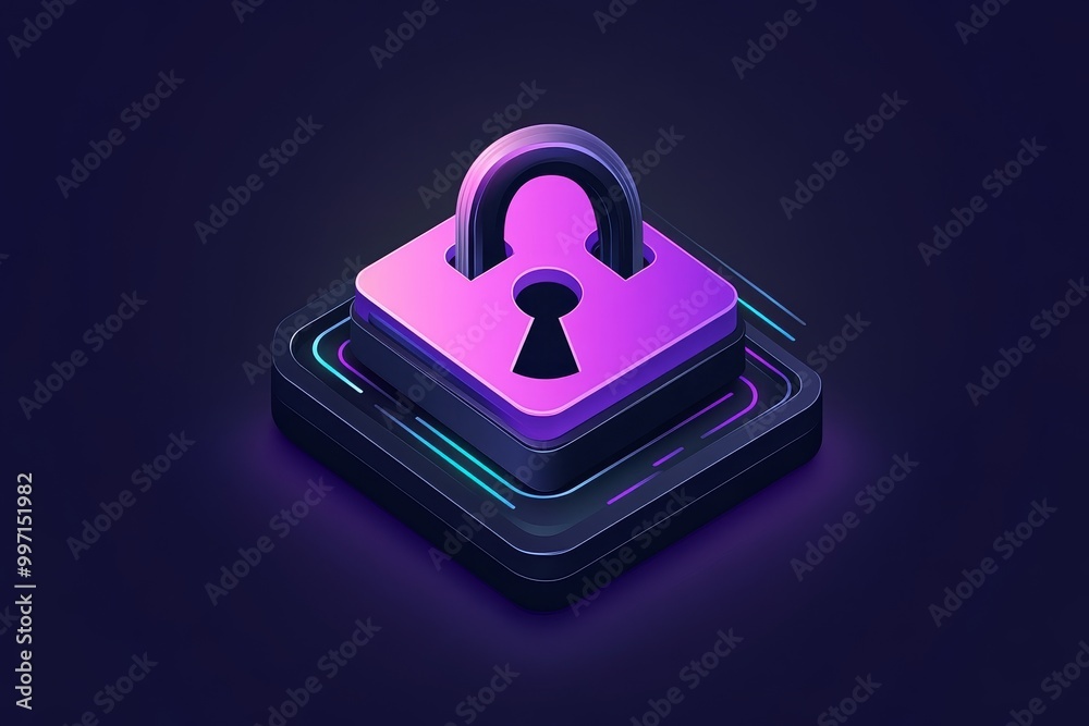Purple and pink lock icon on a futuristic 3D square platform ...