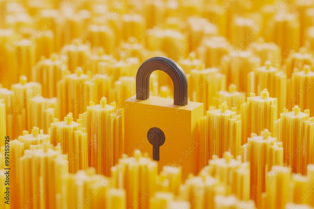 Yellow lock icon displayed in a futuristic landscape of tall blocks ...