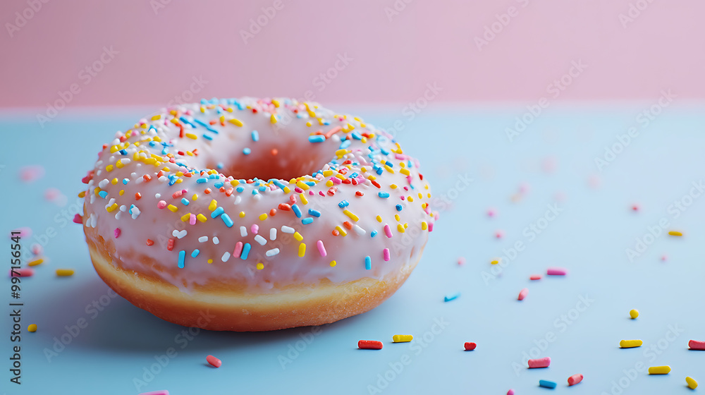 Donut with glazed coating and colorful sprinkles, soft and airy texture ...