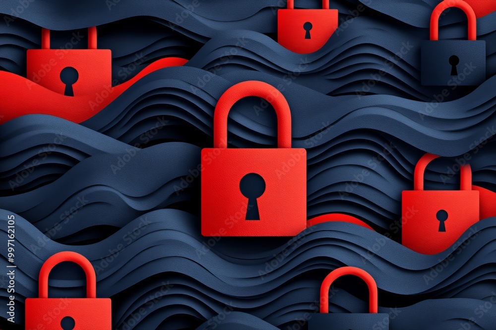 ภาพประกอบสต็อก Red lock icons displayed on a wavy black and blue ...