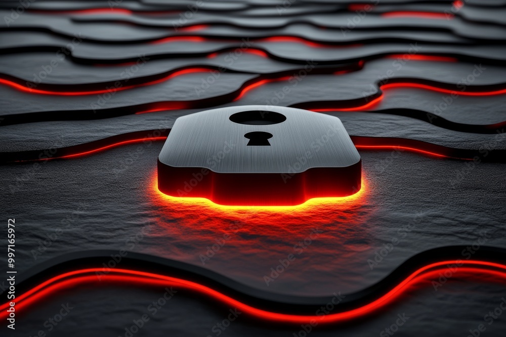 Stylized red lock icon embedded in a black digital landscape with ...