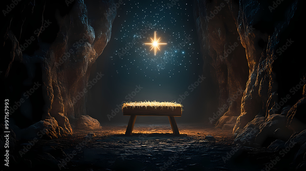 Empty wooden manger in cave with shining star of bethlehem christian ...