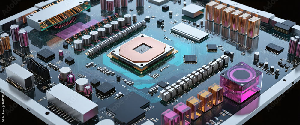 Illustrative color illustration of a close-up of a computer processor ...