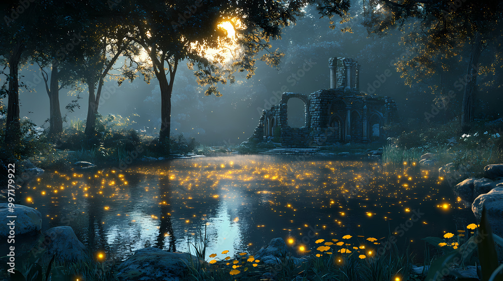 Glowing pond in a magical forest clearing with fireflies and ancient ...