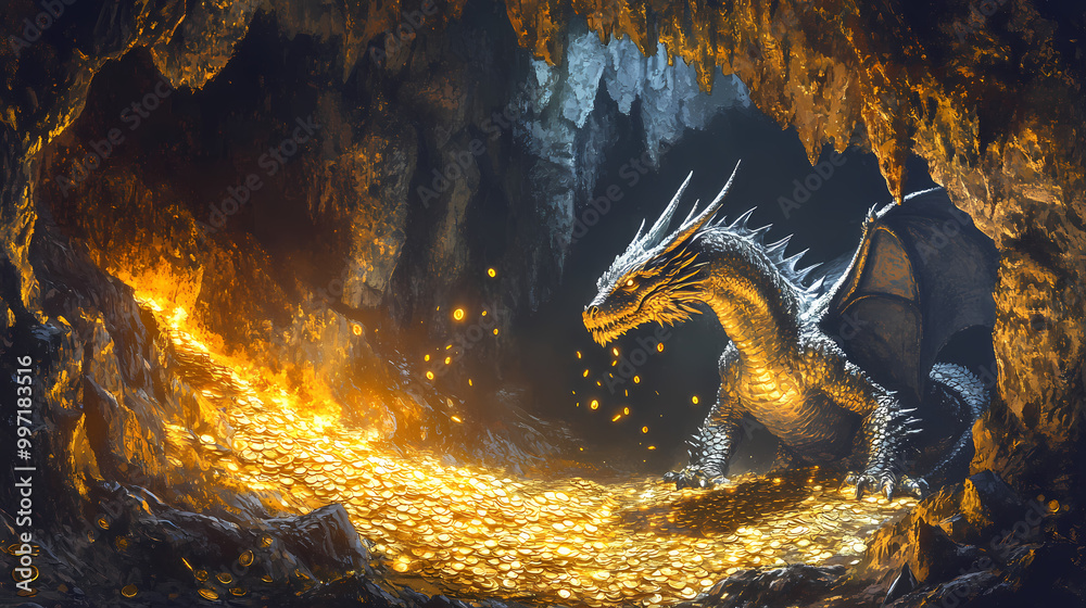 In the hidden cave, a magnificent dragon guards its treasure ...