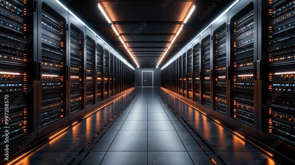 A modern data center with rows of servers, showcasing advanced ...
