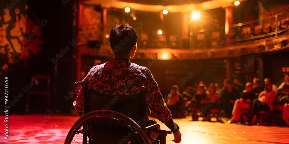 Performer in Wheelchair on Stage in Front of Audience, Disabled Artist ...