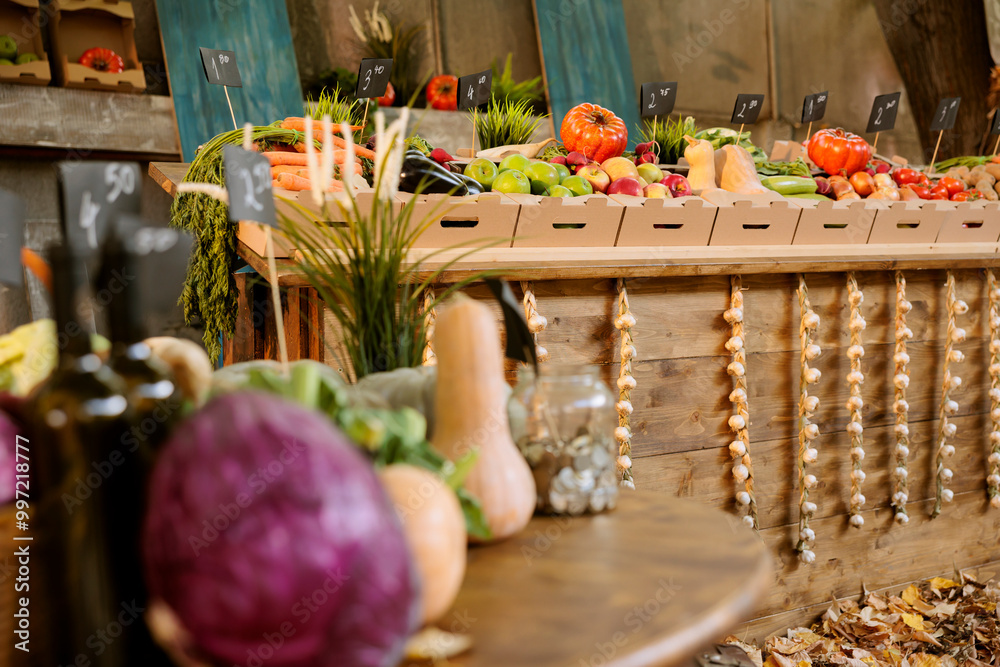 Wide range of freshly harvested fruits and vegetables are displayed on ...