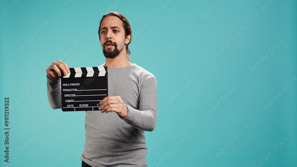 Movie director using clapper to signal actors beginning of scene ...