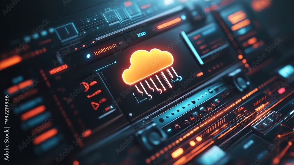 Data migration to cloud server, close-up on progress bar on a monitor ...